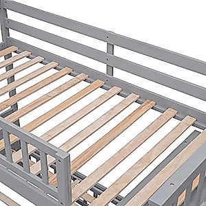 BIADNBZ Twin Over Full Bunk Bed with 6 Drawers and Flexible Shelves, Wooden L-Shaped Bunkbed for Kids Teens Adults Bedroom, Bottom Platform Bedrame with Wheels, Gray