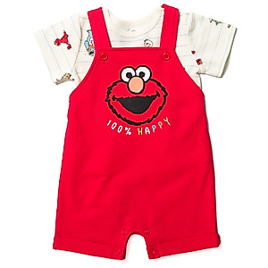Sesame Street Elmo Infant Baby Boys French Terry Short Overalls T-Shirt and Hat 3 Piece Outfit Set Red/White 24 Months