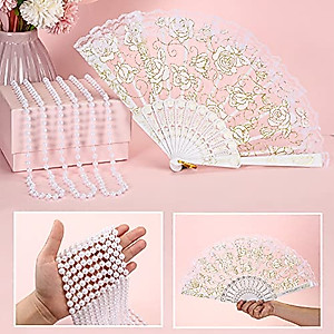 24 Pcs Floral Handheld Fan and Faux Pearl Necklaces for Wedding, Lace Folding Hand Fan Foldable Chinese Fan White Bead Necklace Strand Necklace for Bridal Tea Party Decorations Birthday Dancing