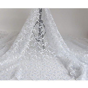 SanVera17 Glitter Stone African Lace Net Milk Silk Fabrics Nigerian Fabric Embroidered and Guipure Cord Lace for Party Wedding (White) 5 Yards