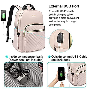 LOVEVOOK Laptop Backpack Purse for Women, Work Business Travel Computer Bags, College Nurse Backpack for Womens, Quilted Casual Daypack with USB Port, Fit 15.6 Inch Laptop, Antiquewhite