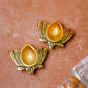 Desi Favor Lotus Diyas & Mishri Bliss Gift Box for Diwali Decoration | Traditional Diwali Gift Box + 2 Metal Diyas + Mishri Almonds for Family/Friends, Festive Diwali, Mandir, Puja, Pooja - 4 Pack