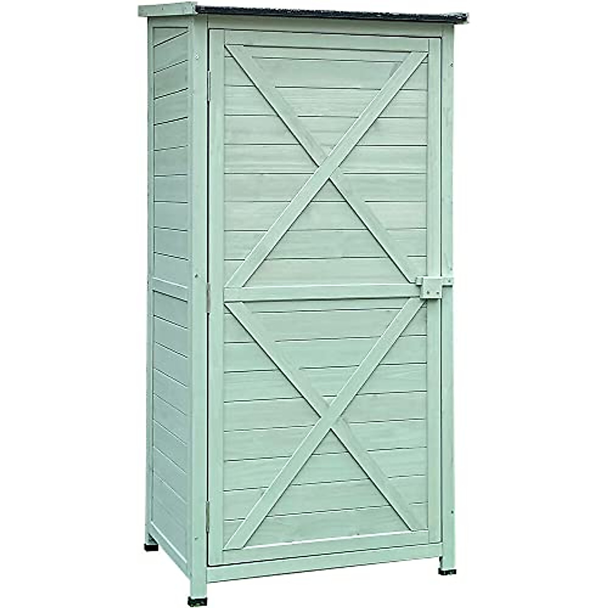 Hanover Vertical Green Wooden Shed with Shelves and Sloped Waterproof Roof with 7-Cu.Ft Storage Space (1.7'x2.25'x4.7'), Outdoor Storage Unit for Organizing Garden Supplies, Patio Accessories & Tools