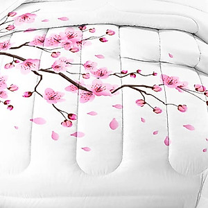 Oriental Romantic Flourishing Cherry Sakura Flower Branches Comforter Set for Girls Kids Teens, Queen Size Pale Pink Blossom Petal Quilted Duvet with 2 Nature Plant Pillowcases-90 x90(Pink, Queen)