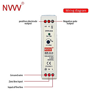 NVVV MDR-20-24 AC to DC DIN-Rail Power Supply, 24V, 1 Amp, 24W, 1.5"