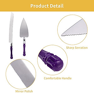 Wedding Cake Knife and Server Set, Stainless Steel Elegant Cake Cutting Set with Faux Crystal Handle, Perfect for Wedding, Birthday, Parties and Events (Purple Crystal Handle)