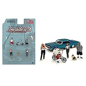 Lowriders 3" 6 Piece Diecast Set (4 Figurines, 1 Dog and 1 Bike) for 1/64 Scale Models by American Diorama 76480