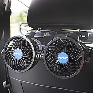 Poraxy Car Fan, 12V Electric Auto Cooling Fan for Backseat, Headrest 360 Degree Rotatable Dual Head Stepless Speed Rear Seat Air Fan for Sedan SUV RV Boat