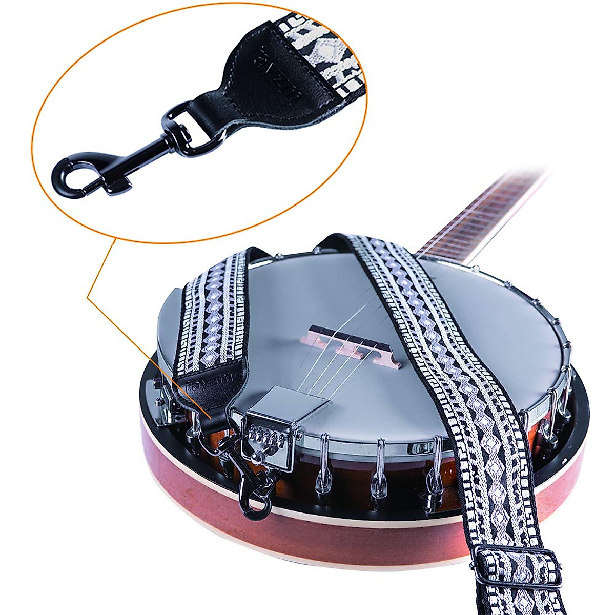 Rayzm Embroidery Banjo Strap, Jacquard Woven Cotton Strap for Banjo, Metal Clip-on Hooks, 5cm Wide, Length Adjustable