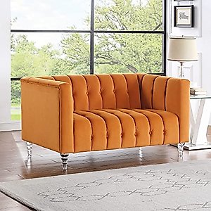 mikibama Mid-Century Modern Velvet Loveseat Sofa 57 Inch Button Tufted Couch Chesterfield Sofa with Square Arms & Acrylic Legs, 2 Seater Sofa for Living Room (Orange)