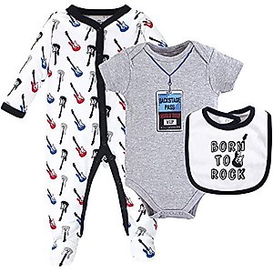 Little Treasure Unisex Baby Sleep and Play, Bodysuit and Bib, Born To Rock, 3-6 Months