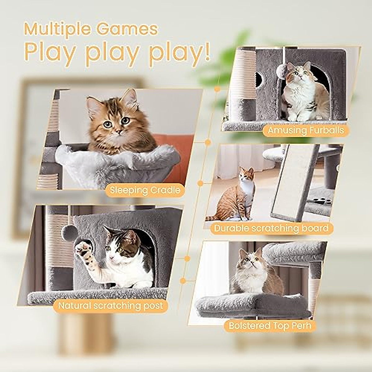 SHA CERLIN 68 Inches Multi-Level Large Cat Tree for Large Cats/Big Cat Tower with Cat Condo/Cozy Plush Cat Perches/Sisal Scratching Posts and Hammocks/Cat Activity Center Play House, Grey