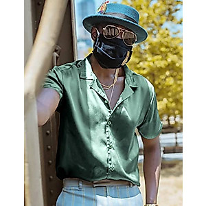 URRU Men's Luxury Shiny Silk Like Satin Dress Shirt Cuban Collar Short Sleeve Casual Slim Fit Muscle Button Up Shirts Light Green L