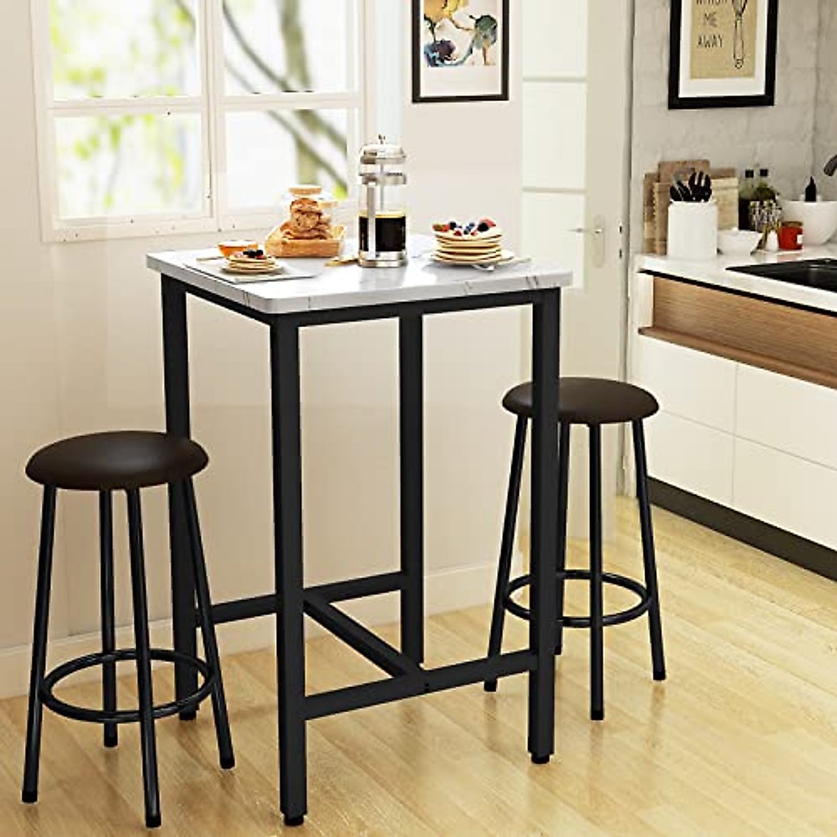 Recaceik 3 Pieces Bar Table Set, Square Pub Table with 2 Bar Stools, Faux Marble Dining Table Set of 2, Kitchen Counter Height Table with 2 Chair, Modern Bar Table Set for Living Room, Restaurant
