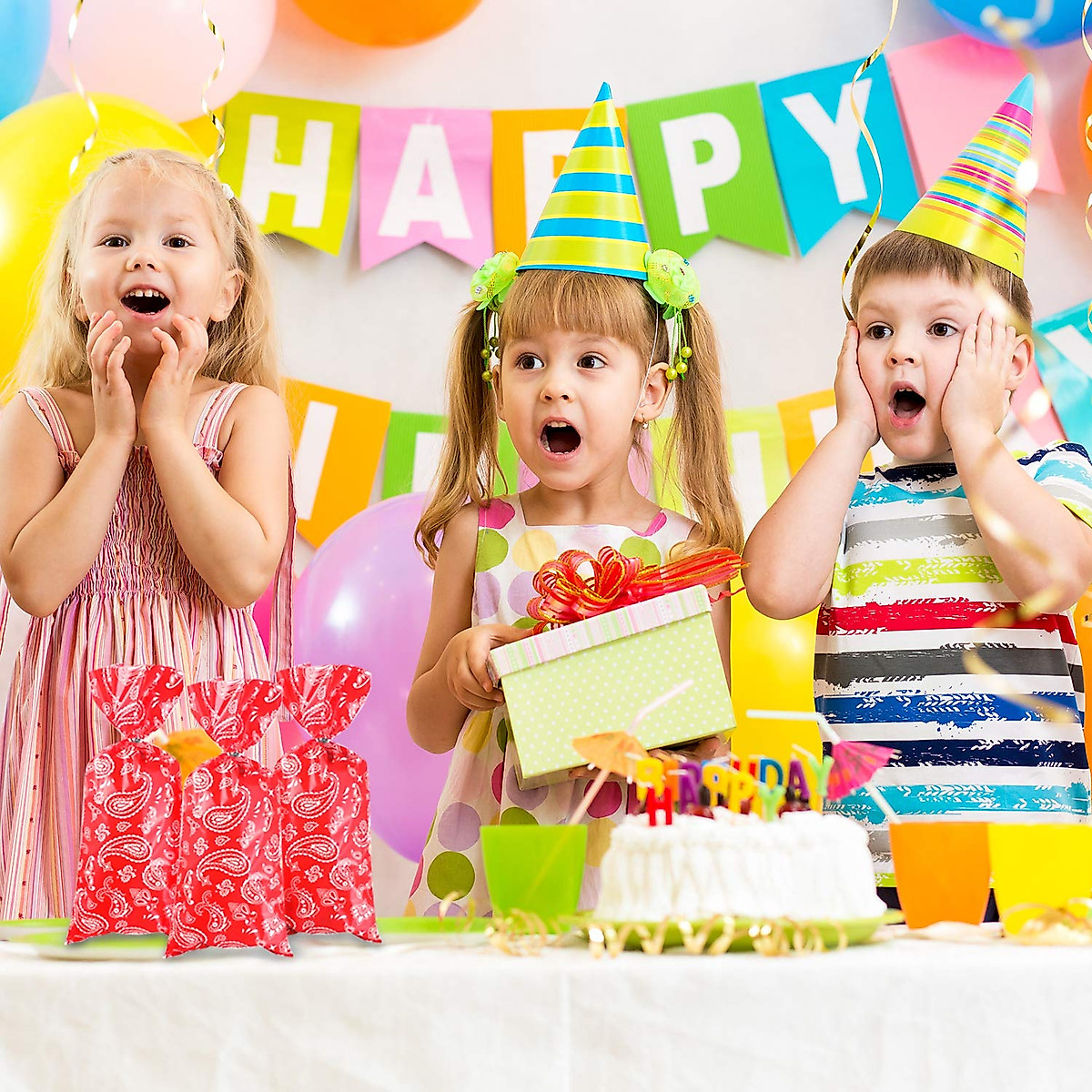 Blulu 100 Pieces Western Bandana Cellophane Bags Red Bandana Print Cello Treat Bags Cookie Candy Bags with 100 Pieces Silver Twist Ties for Western Cowboy Theme Party Favor