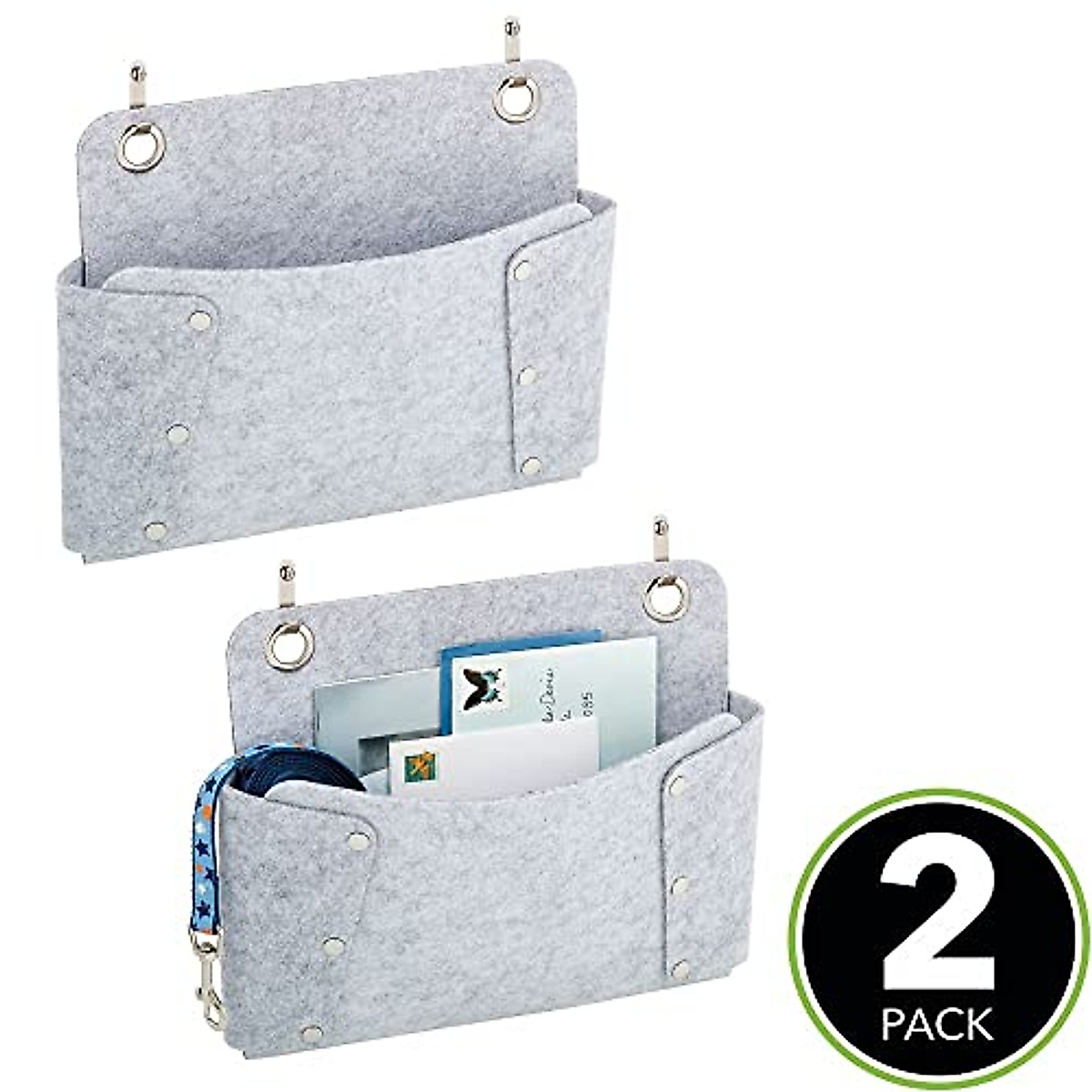 mDesign Soft Felt Over The Door Hanging Storage Organizer for Closets in Bedrooms, Hallway, Entryway, Mudroom - Hooks Included - Textured Print, 2 Pack - Light Gray/Chrome