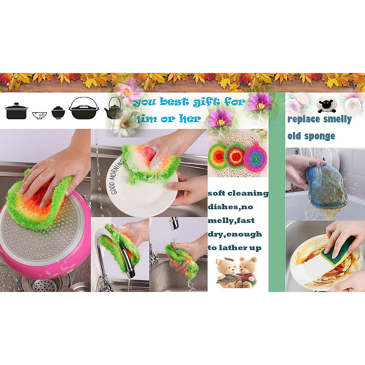 JC1927 Decorative Dish Scrubber Non Scratch Cleaning Pad Cute Dish Net Clothes for Kitchen Washing Dishes Cleaning Net 3 Pack