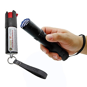 Self-Defense Weapon Kit Aluminum Stun Flashlight Pepper Spray Combo Tactical Stun Gun with Pocket Pepper Spray Less Lethal Personal Protection Devices Stun Flashlight Premium Flashlight (Black)