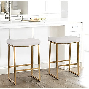 MAISON ARTS White & Gold Bar Stools Set of 2 for Kitchen Counter Backless Counter Height 24 Inches Saddle Stools Modern Gold Barstools Upholstered Faux Leather Stools Farmhouse Island Chairs