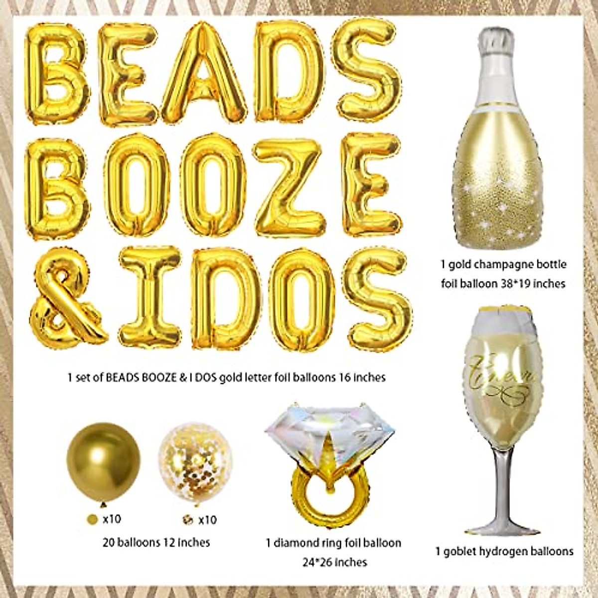 Mardi Gras Bachelorette Party Decoration Gold - Beads Booze and I Dos Balloon Banner for Fat Tuesday New Orleans Bridal Shower Nola Engagement Hen Party with Ring Champagne Bottle Glass Goblet Balloon