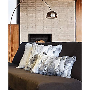 Natural Fur Throw Pillow Cover with Soft Poly Insert | Handcrafted Fluffy Decorative Pillow with Real Rabbit Fur, Grey, 12 in x 20 in