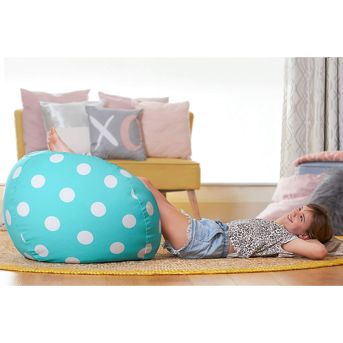 Aubliss Stuffed Animal Bean Bag Storage Chair, Beanbag Covers Only for Organizing Plush Toys, Turns into Bean Bag Seat for Kids When Filled, Large 38"-Canvas Dot Light Aqua