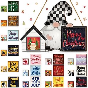 Thyle 31 Pcs Interchangeable Wooden Gnome sign Seasonal Gnome sign for Front Door Wood Gnome Door Hanger with Detachable Magnet Gnome Decorations for Home Wall Christmas Winter DIY Holiday Decor