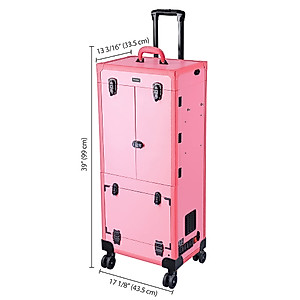 Pink Rolling Makeup Case with Mirror Light Pro Large Cosmetic Artists Hair Stylist Barber Organized Trolley Lockable