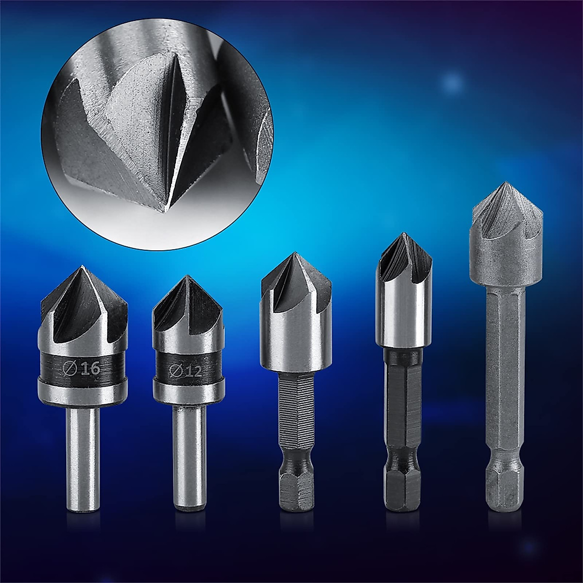 Countersink Drill 5 Pcs 5 Flutes High Speed Steel Chamfering Cutter Automatic Center Punch Bit for Wood