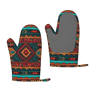 Ethnic Geometric Pattern Printed Oven Mitts Heat Resistant Oven Gloves Non-Slip Silicone Kitchen Gloves for Cooking Baking BBQ Gloves 1 Pair