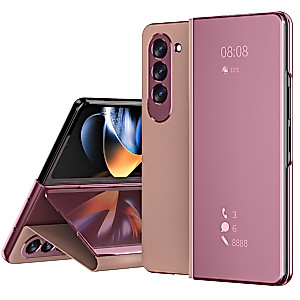 NINKI Clear Mirror Case Compatible Samsung Galaxy Z Fold 5 Case with Kicktand,Ultra Thin & Lightweight Flip Mirror Makeup Cover Electroplated Full Protection Stand Cover for Galaxy Z Fold 5 Case Pink