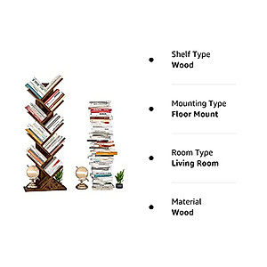 Topfurny Tree Bookshelf, 9-Tier Shelf Rustic Brown Bookcase, Retro Wood Storage Rack for CDs/Movies/Books, Anti-Fall Utility Organizer Shelves for Living Room, Bedroom, Home Office, Rustic Brown