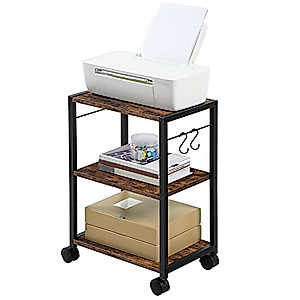 ALLOSWELL Mobile Printer Stand, 3-Tier Printer Cart Under Desk with Storage, Industrial Rolling Cart with 2 Hooks, Sturdy Little Cart on Wheels for Home Office, Rustic Brown and Black PTHR4001