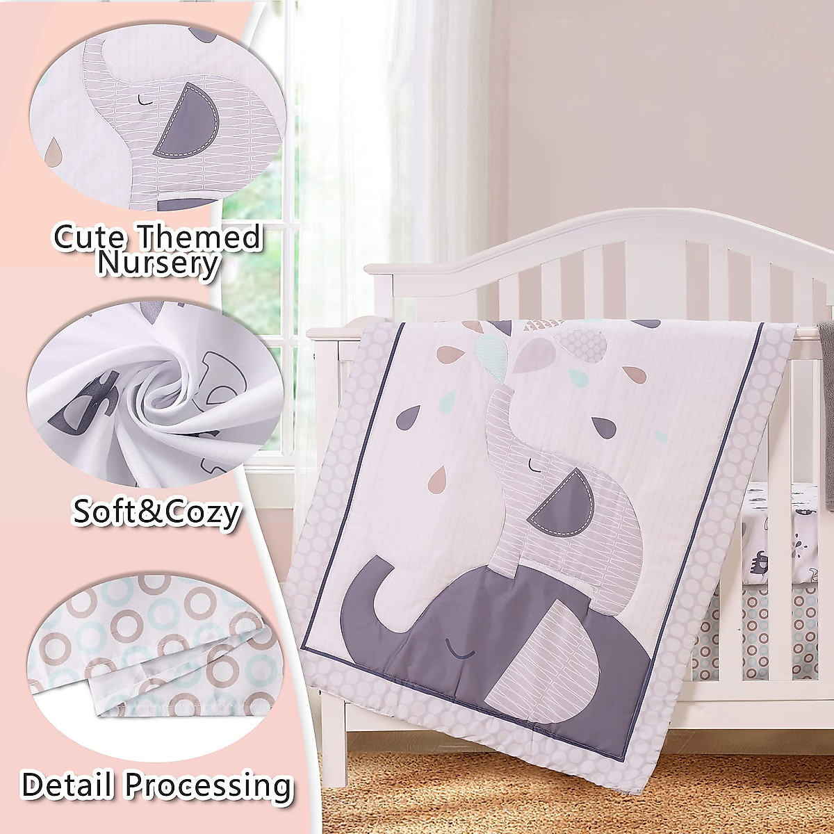 Honkaii Elephants Crib Bedding Sets for Boys 4 Pcs, Baby Girls Bedding Set Included Comforter, Fitted Sheet, Crib Skirt & Diaper Stacker for Nursery Standard Size Neutral (Gray)