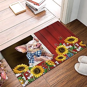 Doormat Bath Rugs Non Slip Red Farm Barn Vintage Yellow Sunflower Funny Animal Pig Blue Bow Washable Cover Floor Rug Absorbent Carpets Floor Mat Home Decor for Kitchen Bathroom Bedroom (16x24)