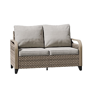 COOS BAY Wicker Outdoor Furniture Loveseat Sofa, Small Balcony Furniture Outdoor Loveseat 2 Seat Couch w/Cushions for Patio Backyard Deck Porch, Brown/Gray