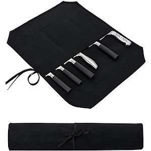 QCWN Waxed Canvas Chef Knife Roll Bag Heavy Duty Knife Roll Case Storage Knife Cutlery Carrier Kitchen Roll Tool Bag Case with 6 Slots Wrapping Strap Best Gift For Cooking Chefs(Black)
