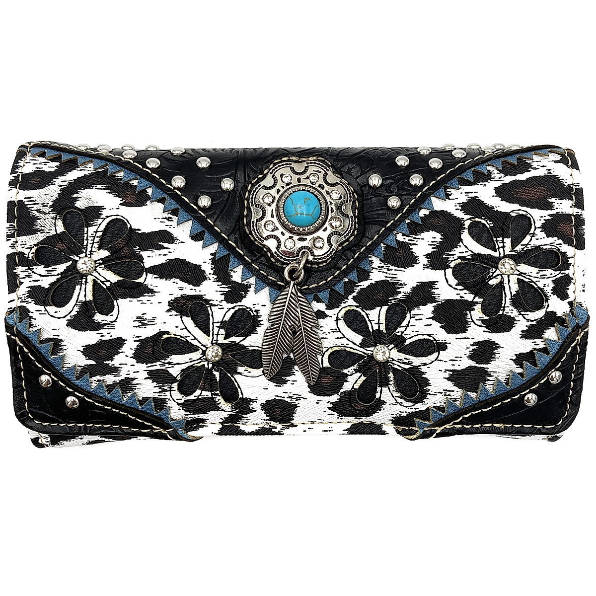 Leopard Animal Print Concealed Carry Feather Concho Country Vintage Western Handbag Hobo Purse Wallet Set (Snow Leopard)
