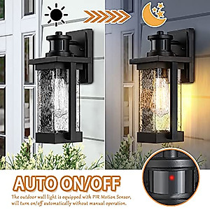 PTRWOROA Dusk to Dawn Motion Sensor Outdoor Wall Lights, Black Exterior Wall Sconce Lantern Lighting with Seed Glass, Wall Mounted Light Fixture for Garage Porch Patio