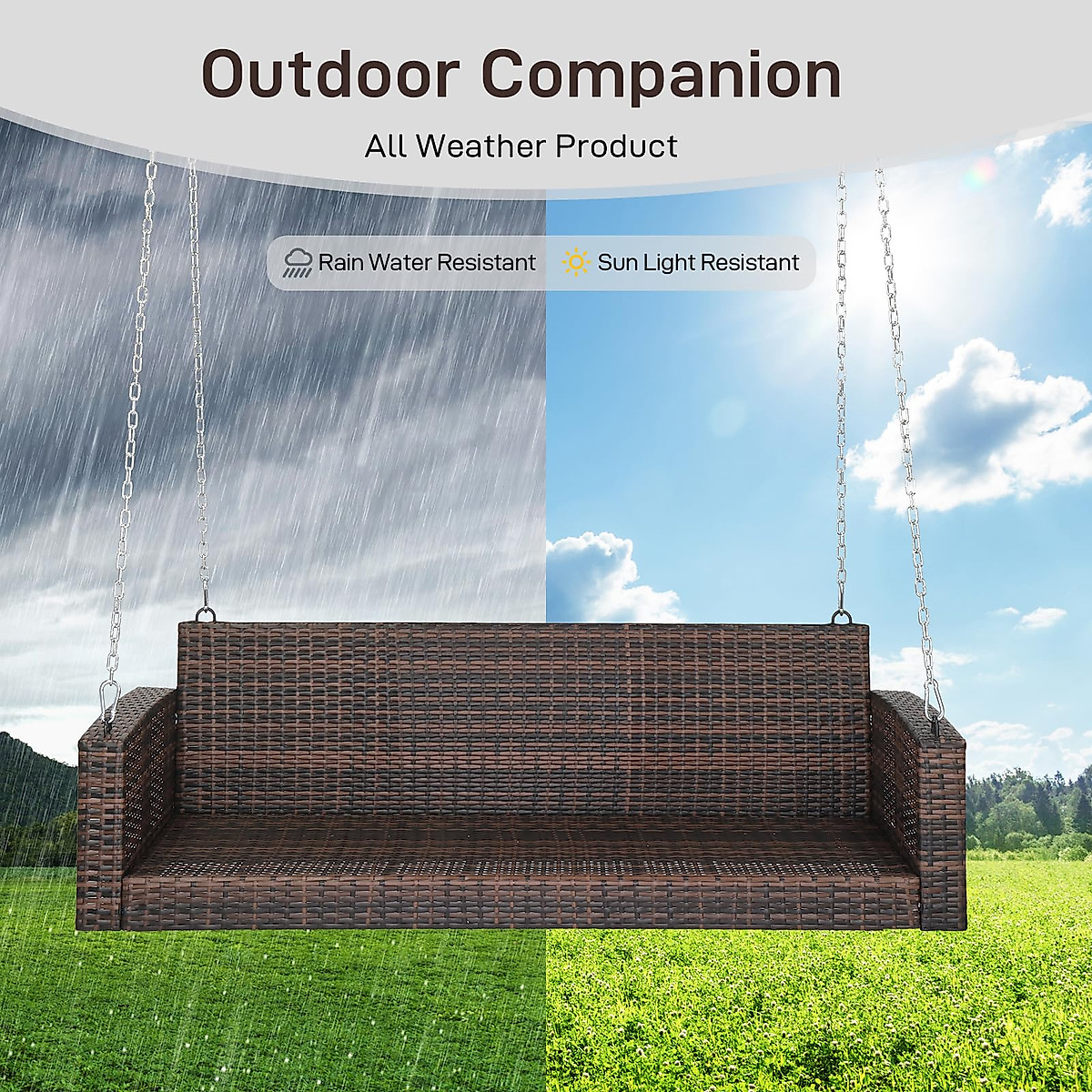 Outvita Porch Swing, 5FT Hanging Outdoor Porch Swings for Adults, Wicker 3 Person Patio Swing, with Cushion, Pillow and Chain for Garden, Backyard, Weight Capacity - 1000lbs