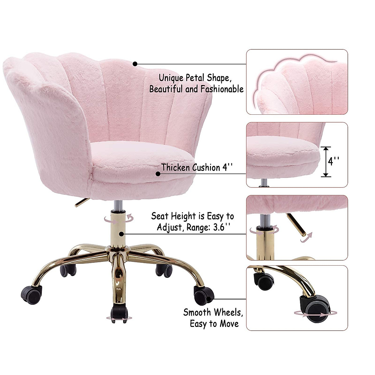 Pink Desk Chair Fluffy Task Vanity Chair Home Office Chair Adjustable Rolling Swivel Chair with Wheels for Teens Adults Bedroom Study Room, Faux Fur