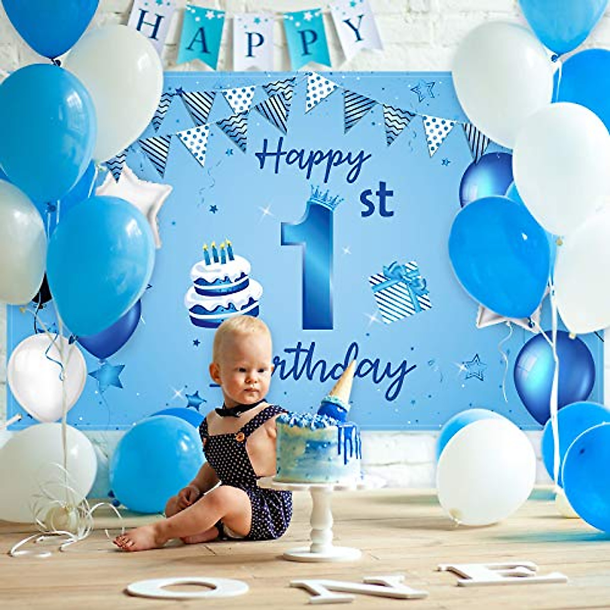 Happy 1st Birthday Backdrop Banner Blue Newborn Boys First Birthday Backdrop Photography Background for 1st Birthday Baby Shower Party Decorations Supplies 72.8 x 43.3 Inch