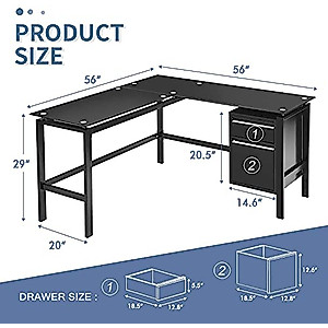 Pataku L Shaped Home Office Desk, Corner Computer Desk Modern Study Writing Table with 2 Drawers, Tempered Glass Desktop, Metal Frame, Black