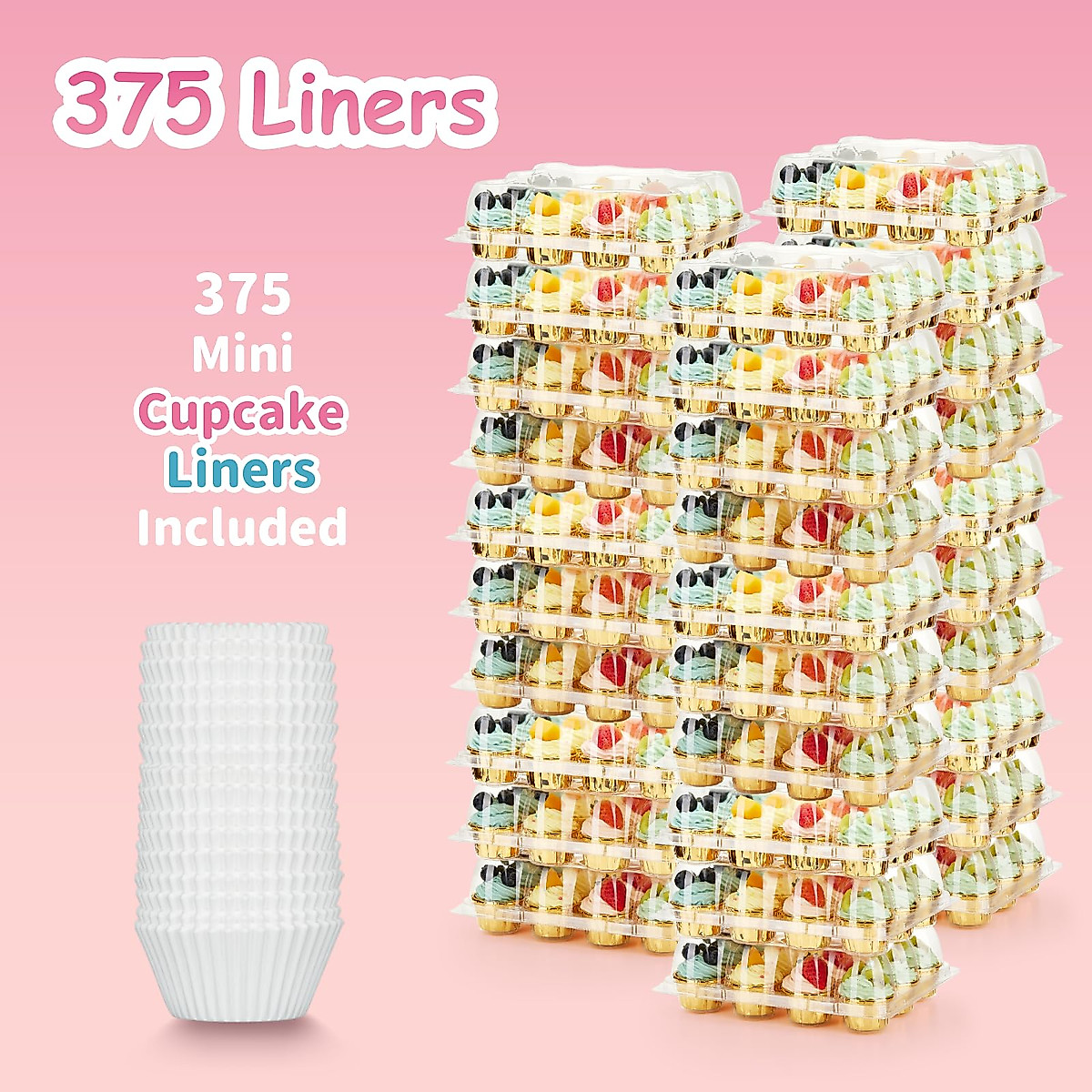 (12 Pack x 30 Sets) Gencywe Mini Cupcake Containers with 375 Pack Cupcake Liners, Plastic Cupcake Holder with High Dome, Stackable Mini Cupcake Boxes Carrier, Clear Disposable Cupcake Trays -MINI SIZE