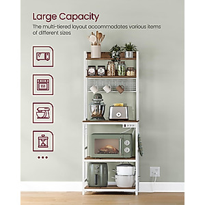 VASAGLE Hutch Bakers Rack with Power Outlet, 14 Hooks Microwave Stand, Adjustable Coffee Bar with Metal Wire Panel, Kitchen Storage Shelf, 15.7 x 23.6 x 66.9 Inches, Rustic Walnut and White UKKS037W41