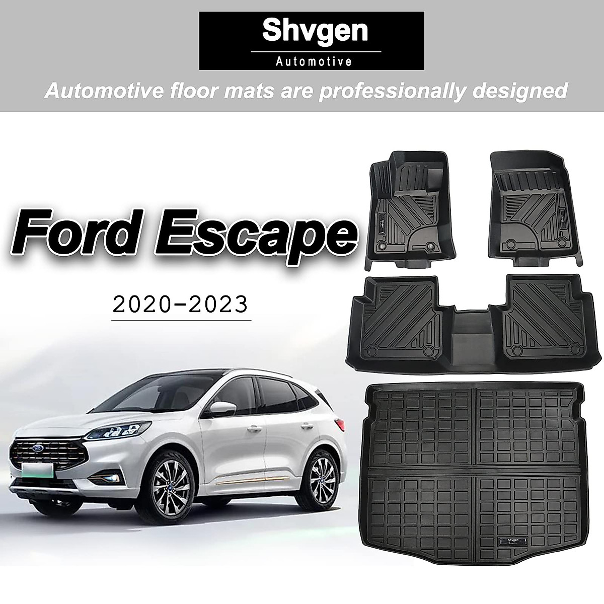 Car Floor Mats 2 Rows and Cargo Liner Set Black Compatible for 2020 2021 2022 2023 2024 Ford Escape All-Weather Rubber Mat Protection Black