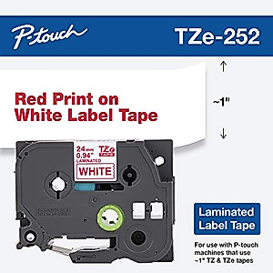 Brother Genuine P-Touch TZE-252 Tape, 1" (24 mm) Standard Laminated P-Touch Tape, Red on White, Laminated for Indoor or Outdoor Use, Water-Resistant, 26.2 ft (8 m), Single-Pack