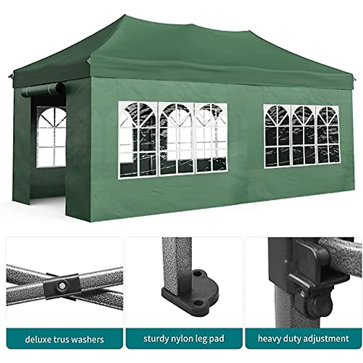 JOINATRE S-69 10'x20' Heavy Duty Pop Up Canopy Tent, Commercial Instant Canopy with Sidewalls, Outdoor Canopy Tent with 4 Sand Bags & Roller Bag, Waterproof Tent for Patio, Backyard, Garden, Green