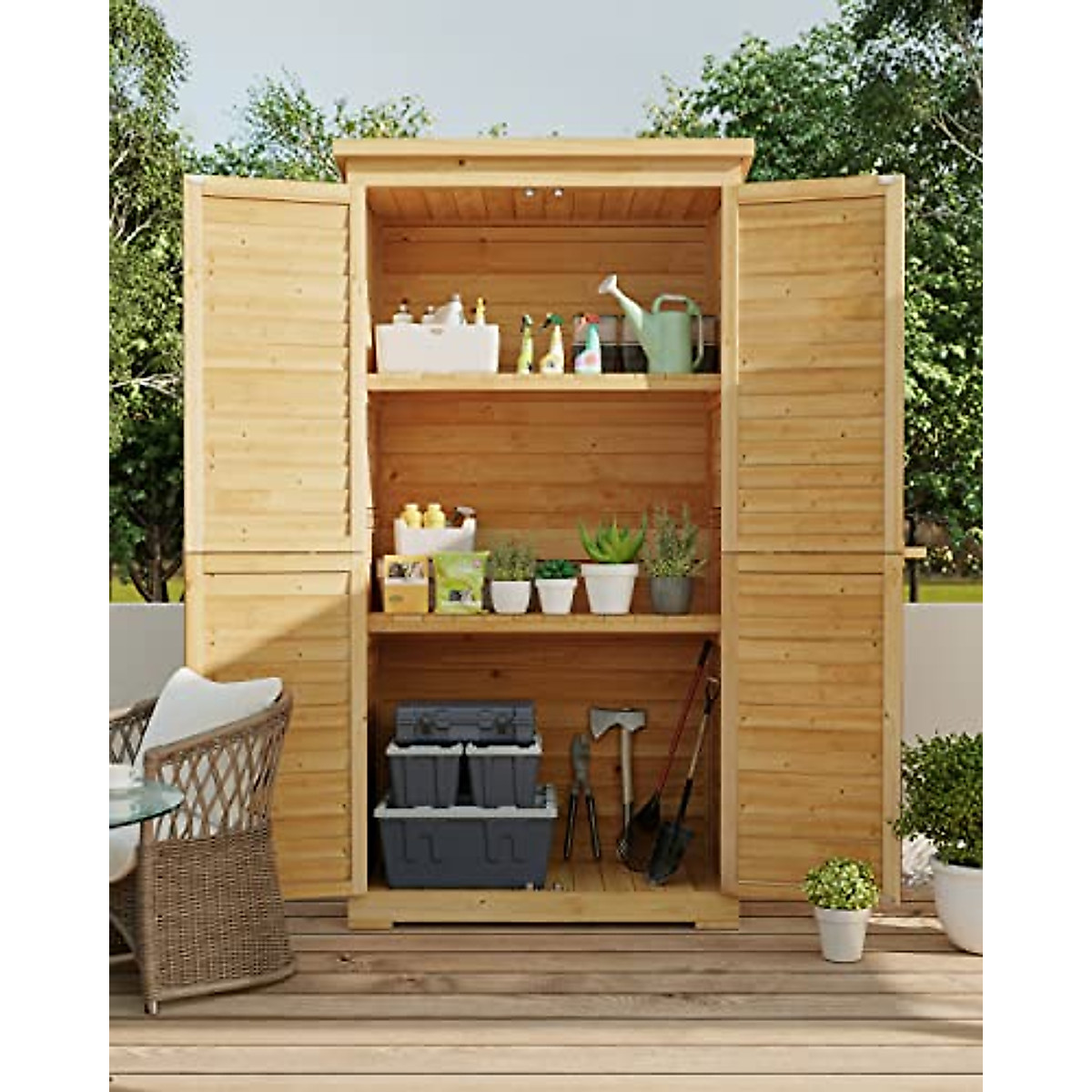 Gizoon Outdoor Storage Cabinet with 3 Shelves, Double Lockable Wooden Garden Shed with Waterproof Roof, Outside Vertical Tall Tool Shed for Yard Patio Lawn Deck-Natural