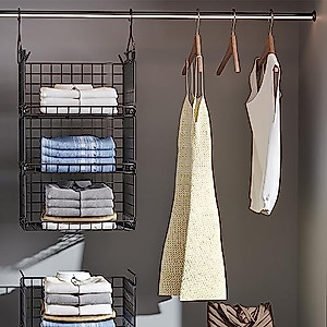 3-Tier Under Closet Shelf Basket Hanging Clothes Storage Organizer Slides Under Shelves Space Saving Stackable Cabinet Bins Foldable Metal Wire Rack with 2 Hooks for Clothing Sweaters Bedroom